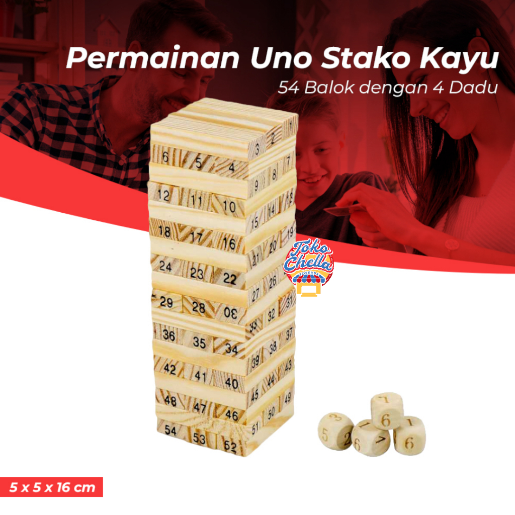 Jual Permainan Uno Stacko Kayu 54 Balok dengan 4 Dadu | Shopee Indonesia