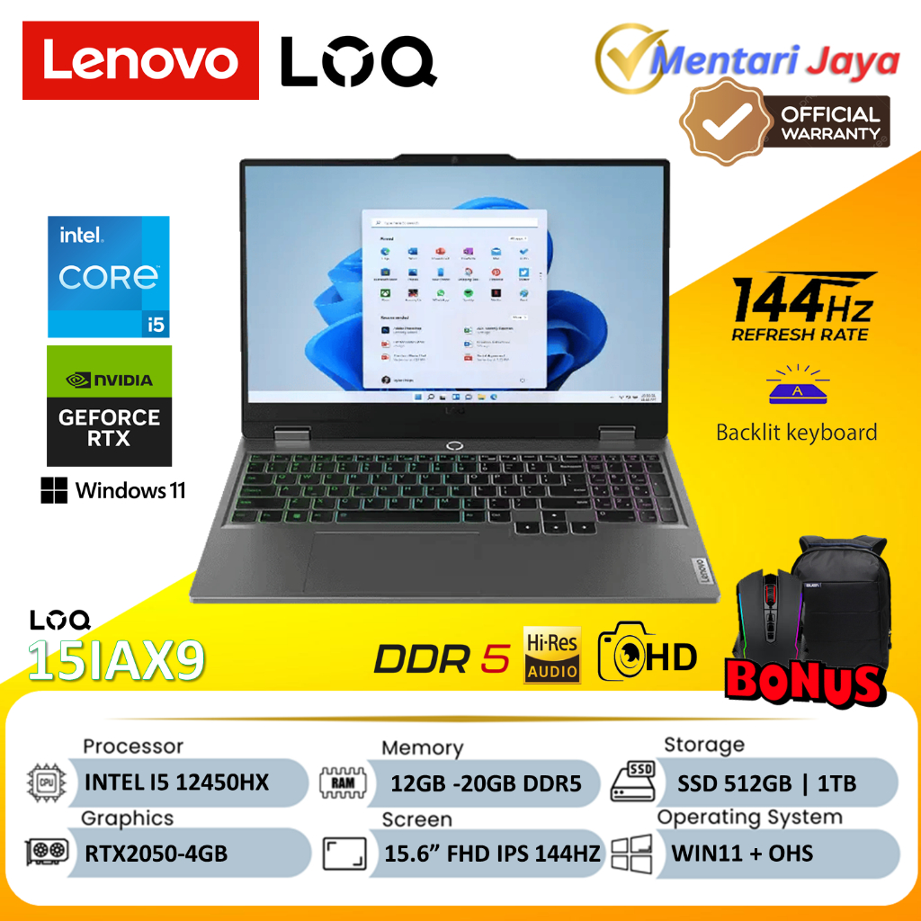 Jual LENOVO LOQ 15 Intel i5 12450HX RAM 12GB 512GB SSD RTX 2050 Full HD IPS 144HZ Windows 11 ...