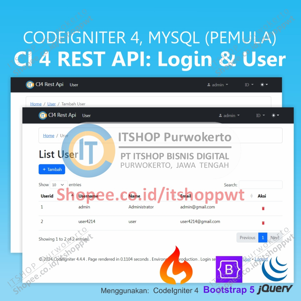 Jual Source Code Aplikasi Web Codeigniter 4 Rest Api Login dan User Pemula | Shopee Indonesia