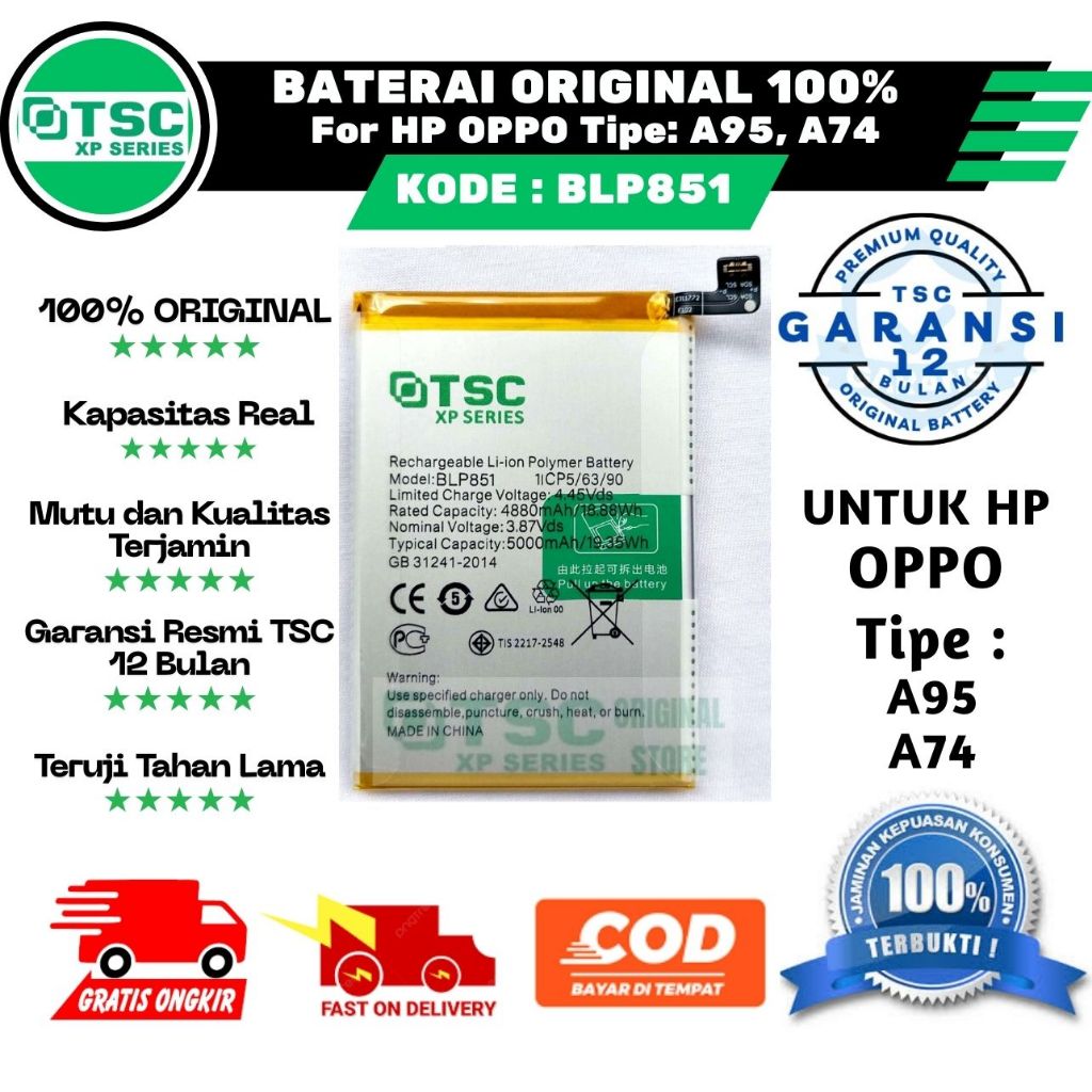 Jual TSC-BATERAI ORIGINAL 100% BLP851, BATRE BATERAI BATTERY OPPO A95 ...