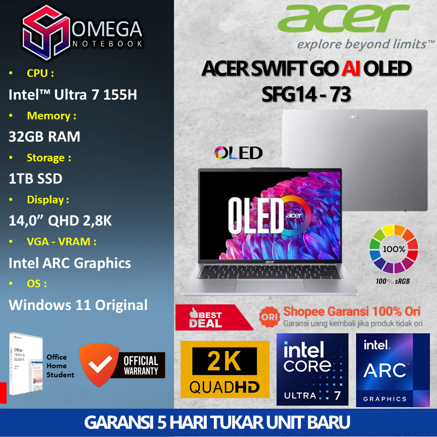 Jual ACER Swift Go OLED SFG14-73 Ultra 7 155H 32GB 1TB SSD ARC 14,0 2 ...