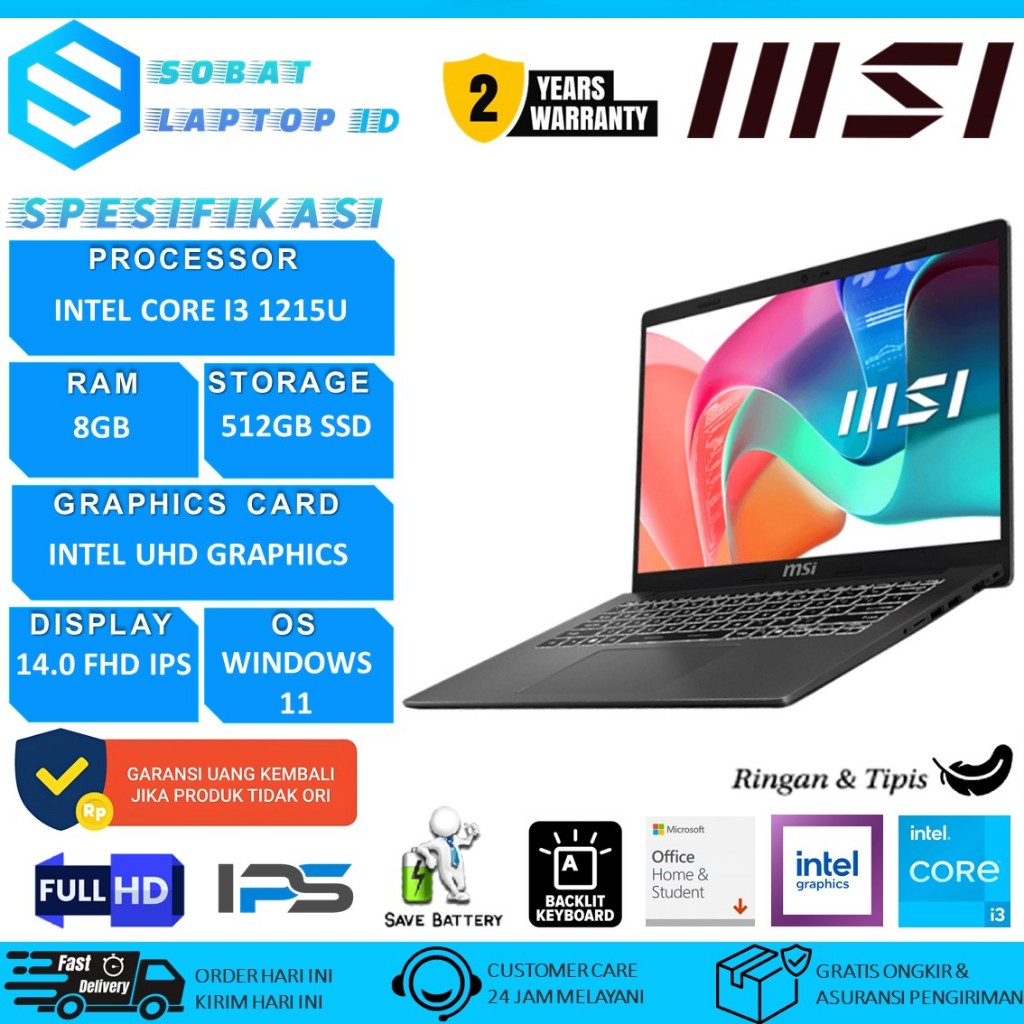 Jual Laptop Msi Modern 14 Intel Core I3 1215U Ram 8GB 512GB SSD 14" fhd ...