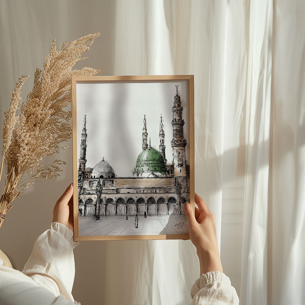 Jual Lukisan Sketch Masjid An-Nabawi Madinah - Digital Watercolor ...