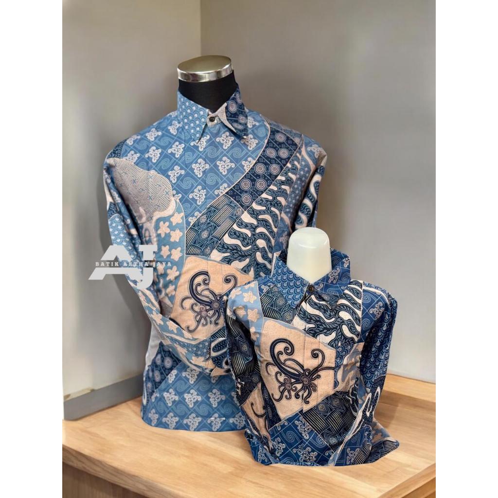 Jual Batik warna biru denim motif cumi couple ayah dan anak lapisan ...