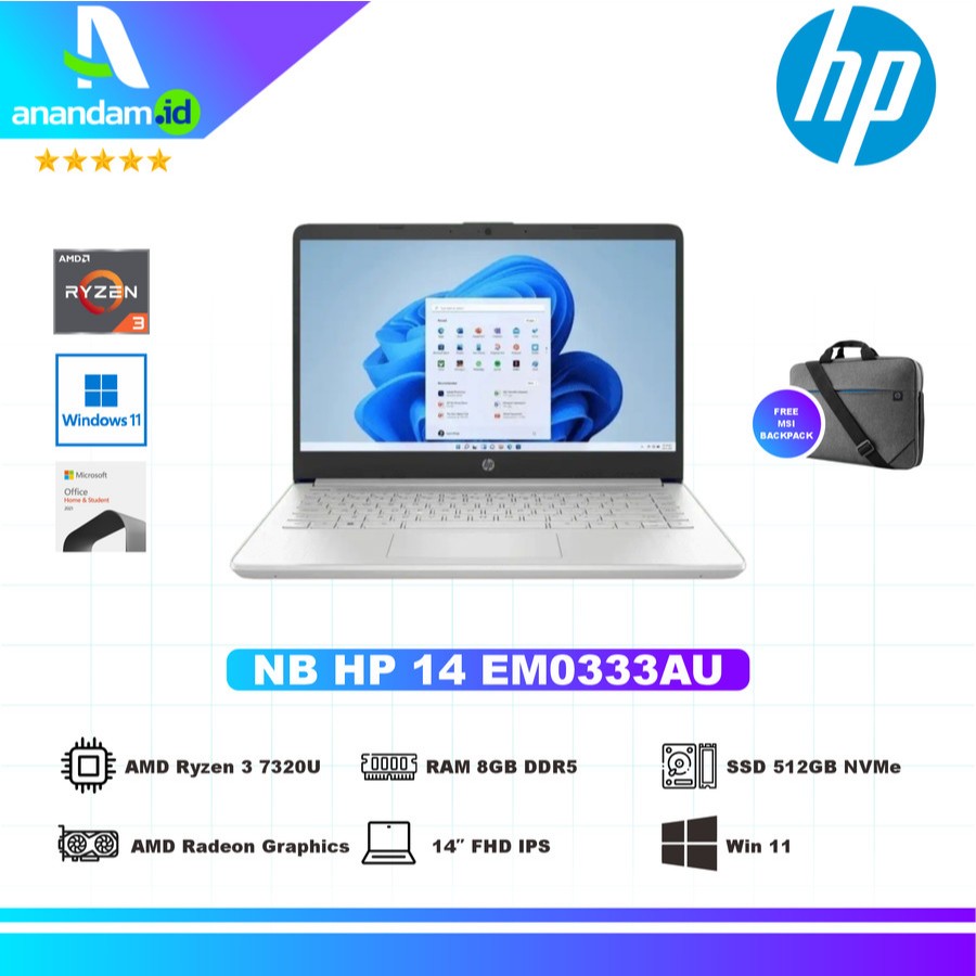 Jual HP 14-EM0333AU Silver AMD Ryzen 3 7320U Win11 OHS | Shopee Indonesia