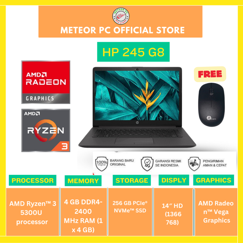 Jual HP 245 G8 AMD RYZEN 3 5300U 4GB/256GB/14''/WIN 11 HOME | Shopee ...