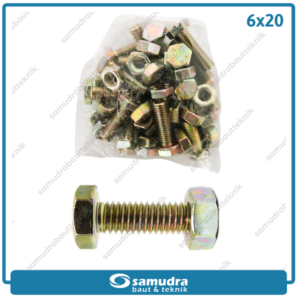 Jual JP Baut Mur Hex M6 x 20 mm isi 25 pcs Kepala Kunci 10 Hexagon Besi Kuning | Shopee Indonesia