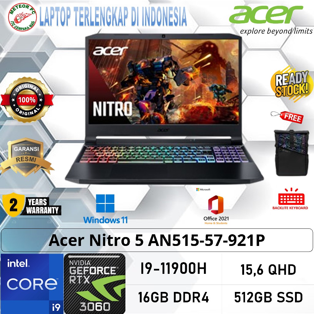Jual Acer Nitro 5 AN515-57-921P / Core i9-11900H/16GB/512GB SSD/RTX3060 6GB/15.6″/Win 11 Home ...