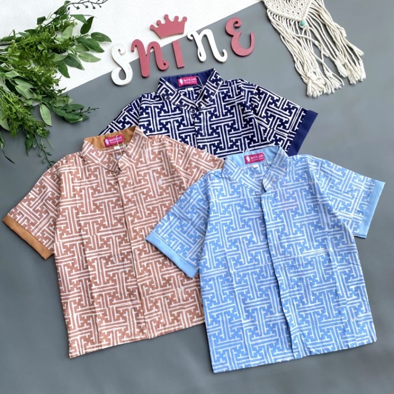 Jual Shine Kemeja Hem Atasan Batik Anak Johnny Biru Cream Navy Biru Motif Zig-zag Kerah Shanghai ...