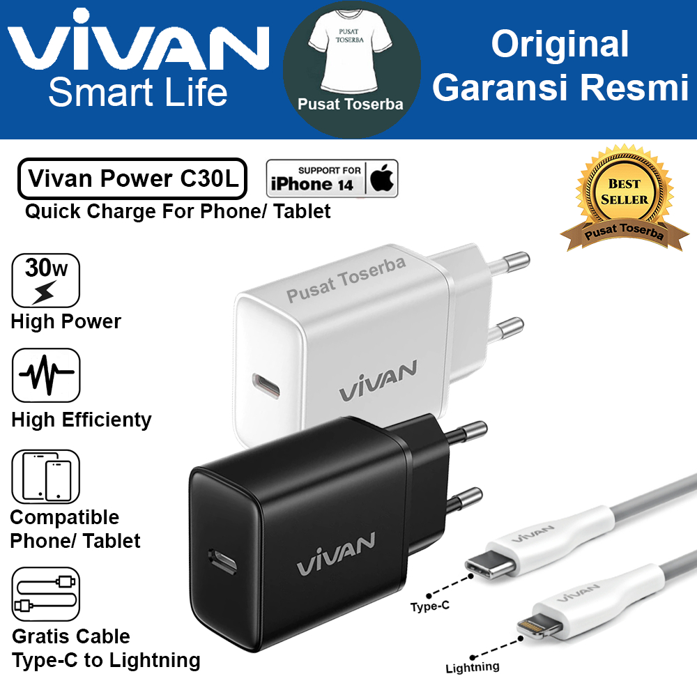 Jual Charger Vivan Power C30L 30W For iPhone/iPad - Free Kabel Type-C ...