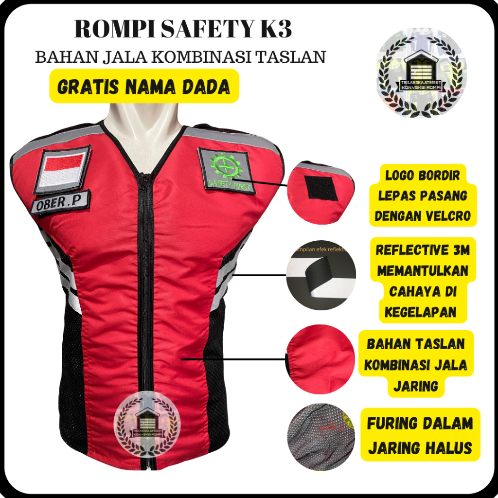 Jual ROMPI SAFETY K3 MERAH KERJA LAPANGAN PRIA MULTIFUNGSI BAHAN TASLAN ...