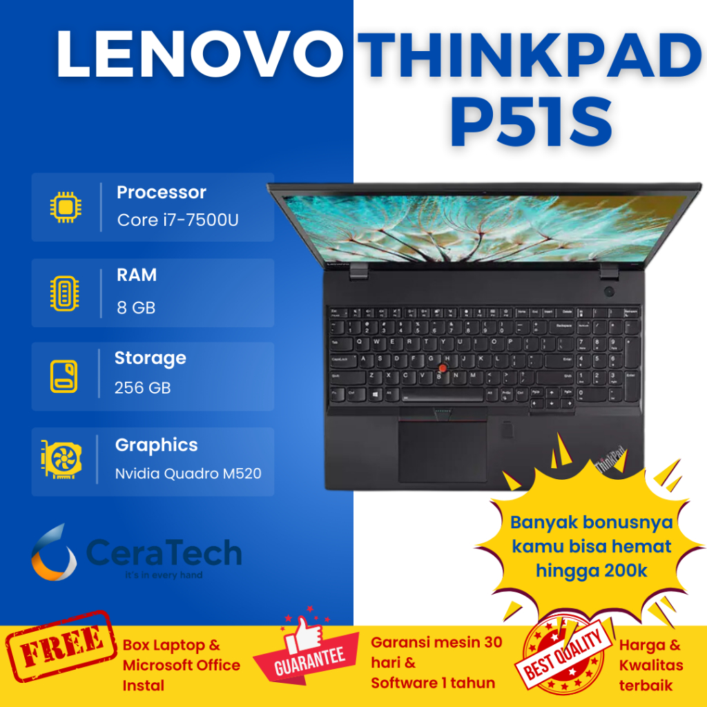 Jual Laptop Lenovo Thinkpad P51S - Intel core i7 Gen 7 - Ram 8 SSD ...