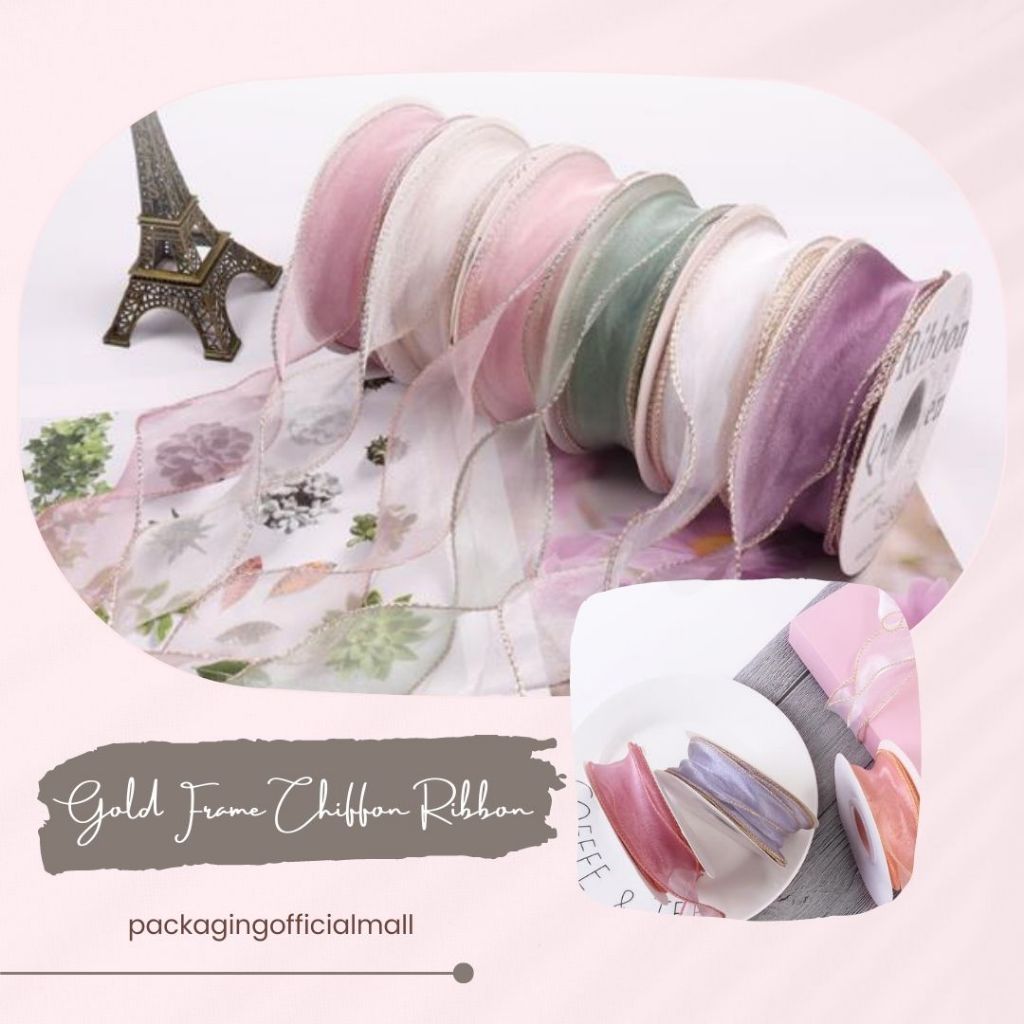 Jual GOLD FRAME CHIFFON RIBBON 4CM / PITA KAIN / PITA KADO / FLORIST ...