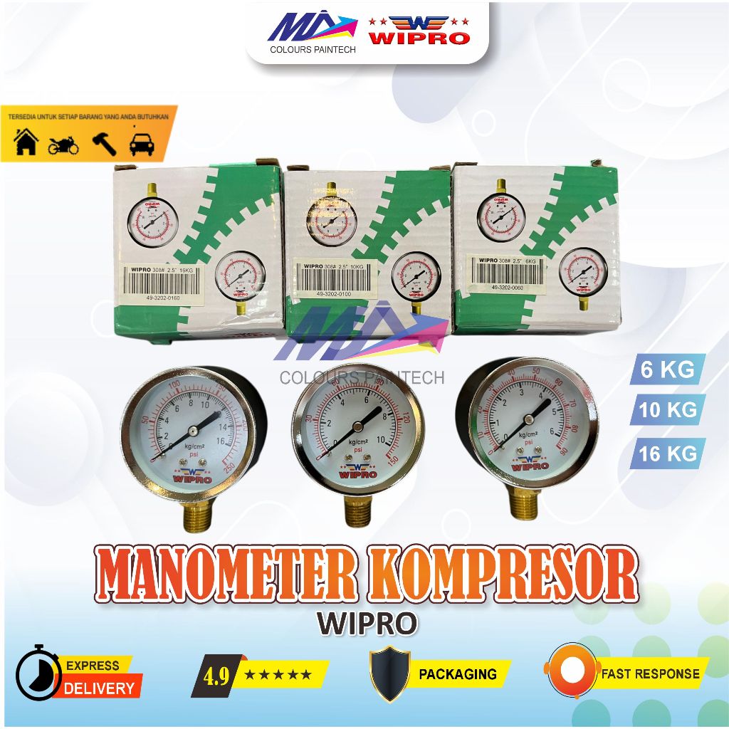Jual Pressure Gauge Manometer Angin Wipro 6kg ;10 kg ;16 kg 350psi Alat ...