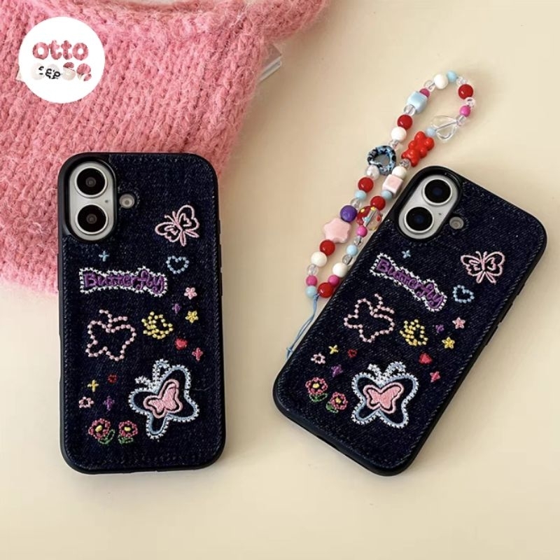 Jual ottocase | cute denim embroidery phone case with beads charm for ...
