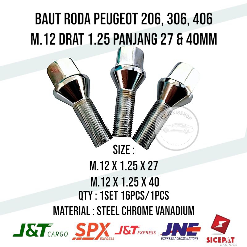 Jual Baut Roda Mobil Peugeot 206, 306,406 M.12 Drat P.1.25 Kunci 17MM ...