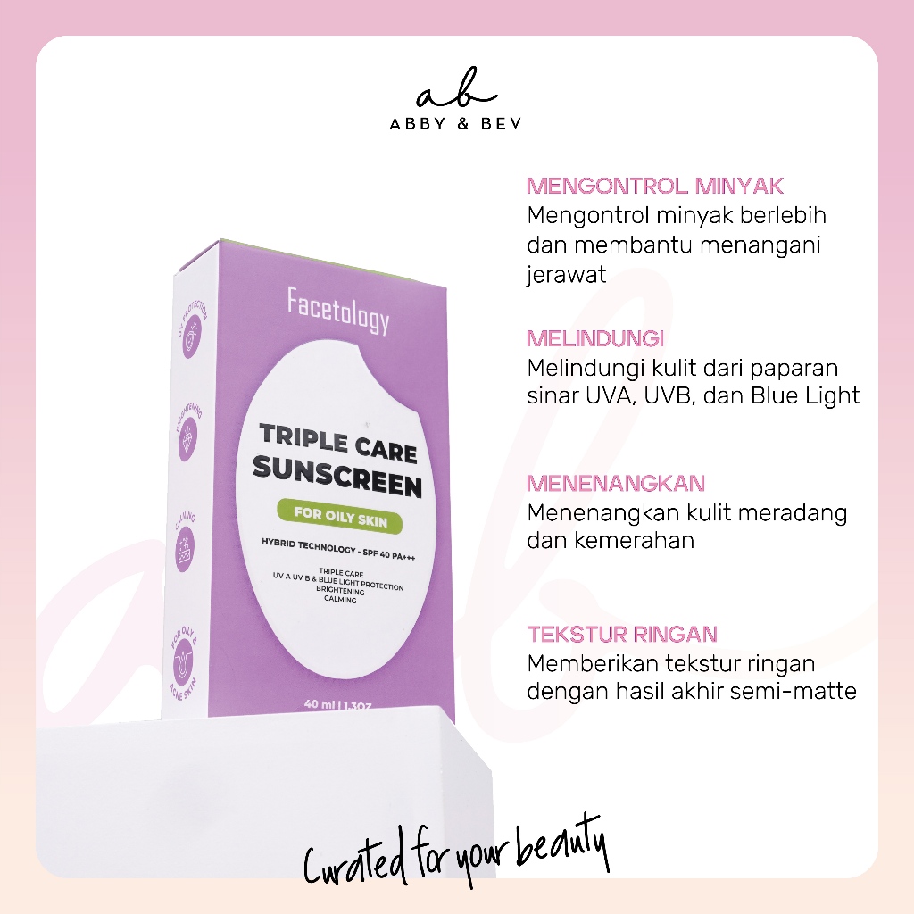 Jual AB - Facetology Triple Care Sunscreen For Acne & Oily Skin SPF 40 PA+++ [40ML] / Tabir ...