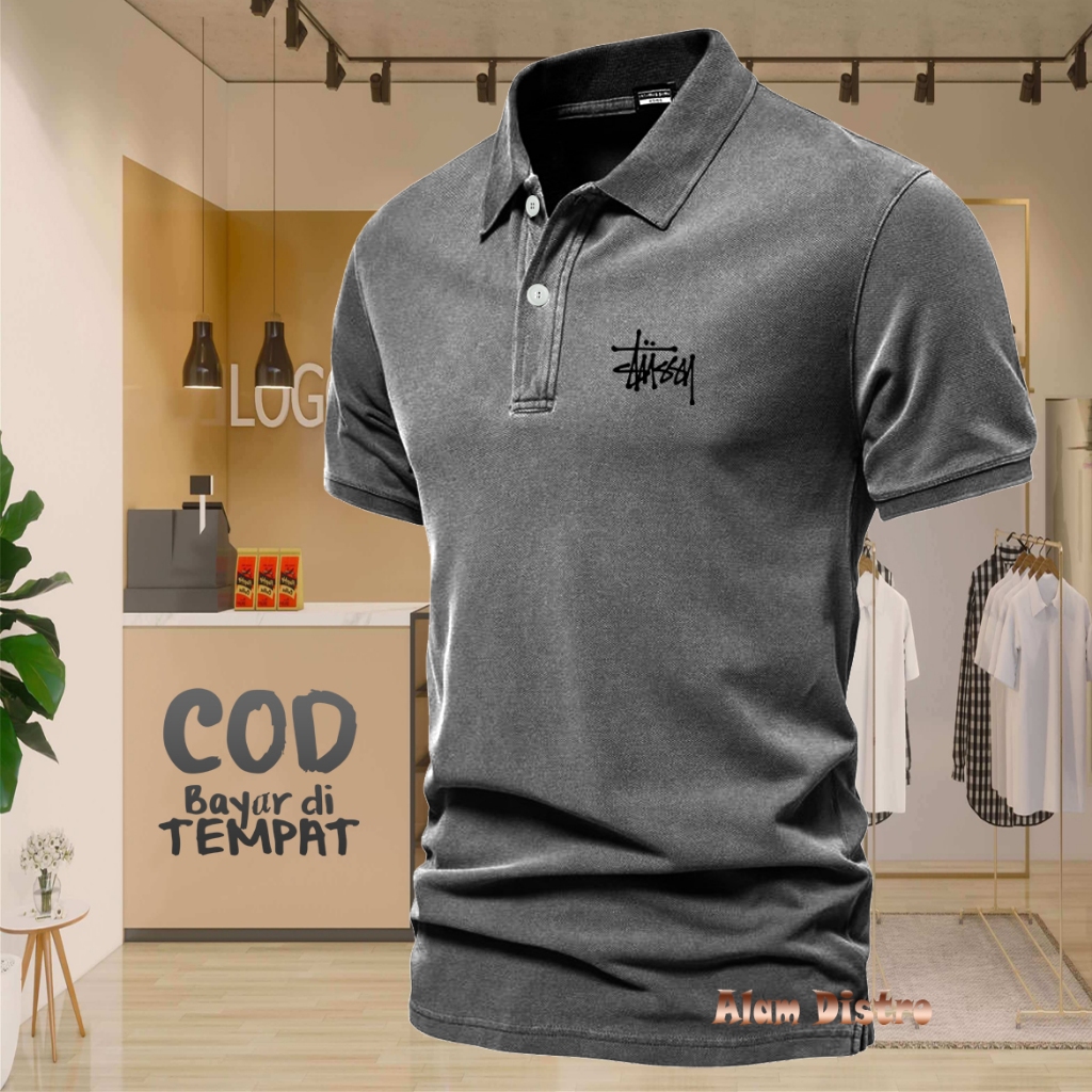 Jual COD T-shrit POLO kerah Stussy Text Hitam Kaos Kerah Dewasa Shirt / Kaos Wangki Pria Polo ...