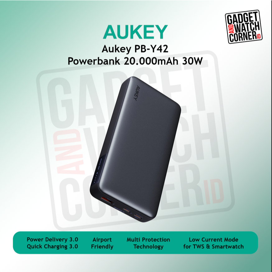 Jual AUKEY Powerbank 20000mah PB-Y42-GY USB C 30W PD 3.0 Slim USB A Out ...