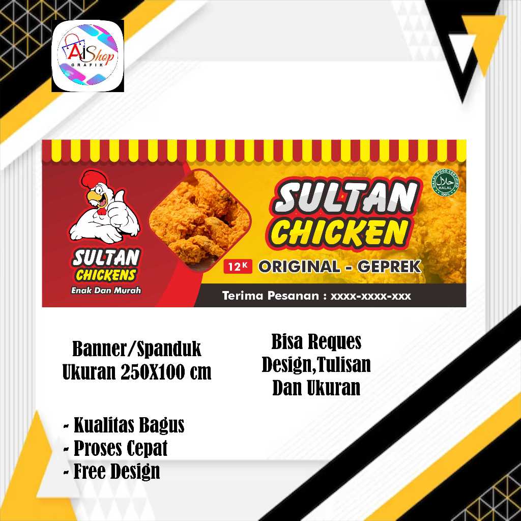 Jual spanduk banner chiken sultan uk, 250x100cm | Shopee Indonesia