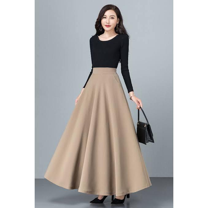 Jual Korean Loose Maxi Skirt Rok Wanita Anti Kusut Rok Flare Wanita Rok ...