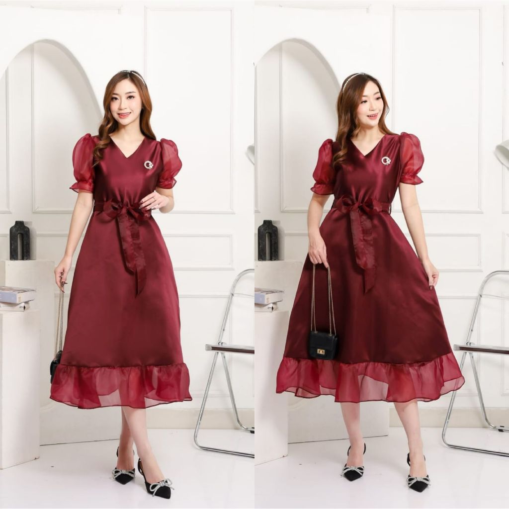Jual Emma.butik E00308 Midi Dress Satin Mix Organsa Gaun Formal Wanita ...