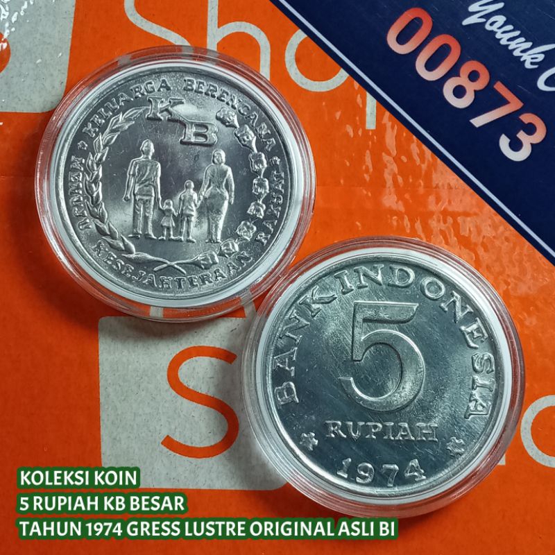 Jual Uang Kuno Koin 5 Rupiah KB Besar Tahun 1974 Gress Baru Lustre ...