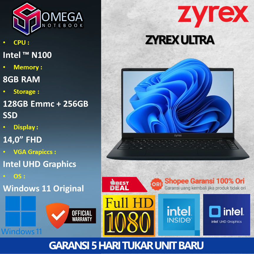 Jual Zyrex Ultra N100 8GB 128 eMMc + 256GB SSD UHD 14,0 FHD Windows 11 ...
