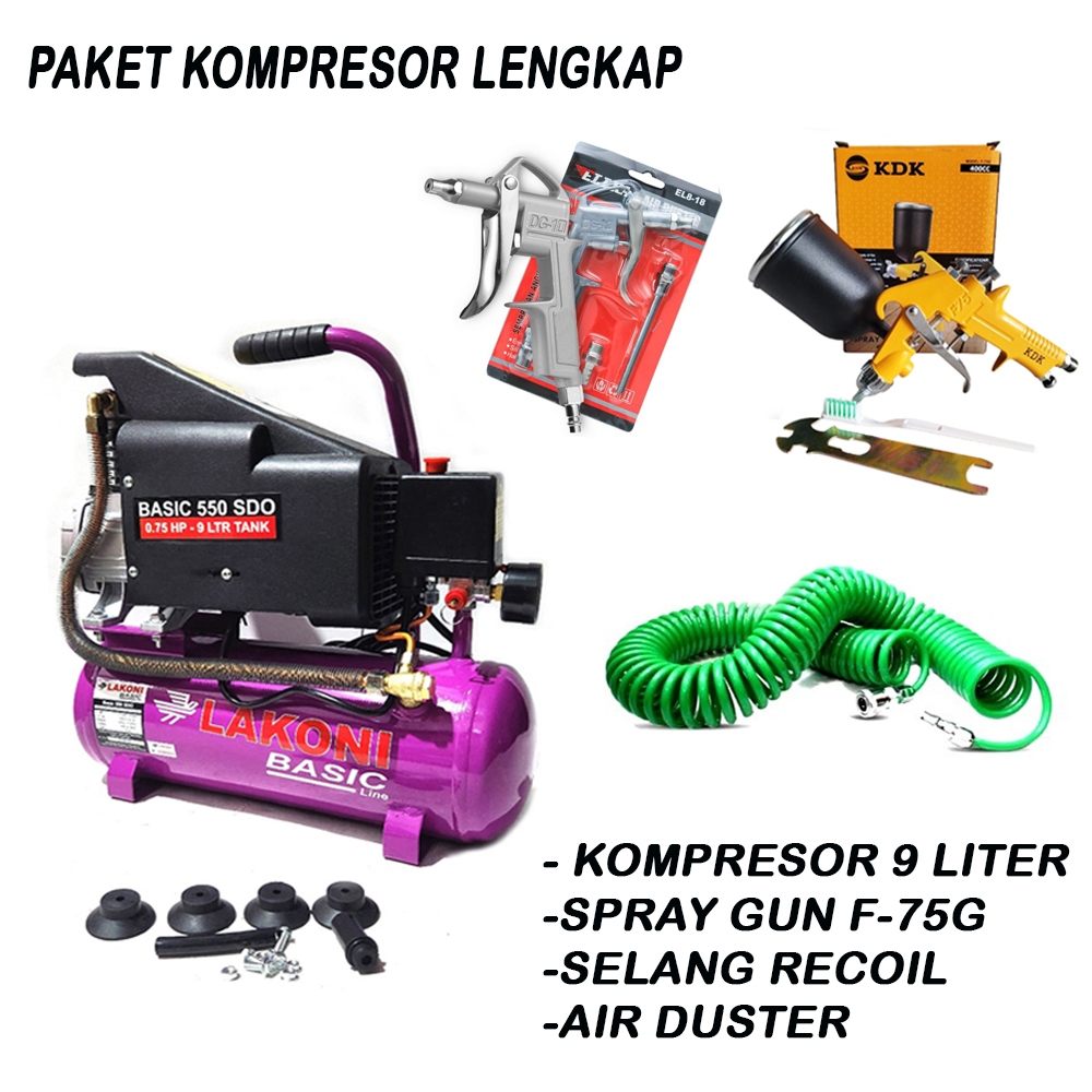 Jual PAKET LAKONI Kompresor Angin Portable Oilless 1 HP 9 LITER Mini ...