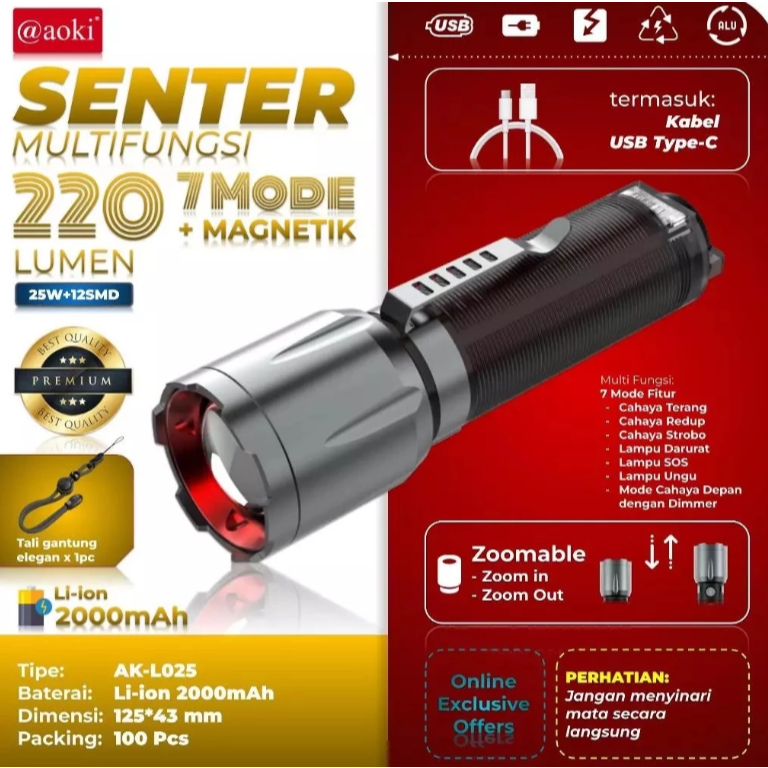 Jual AOKI Senter 7 Mode Cahaya Magnetik Super Terang Portabel Pencahayaan Aktivitas Malam AK ...
