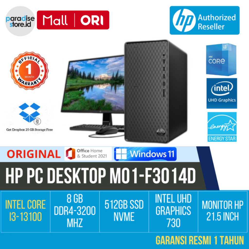 Jual HP PC Desktop M01-F3014d / Core i3 Gen13 / Ram 8GB / 512GB SSD / Win11 + OHS / Monitor 21.5 ...