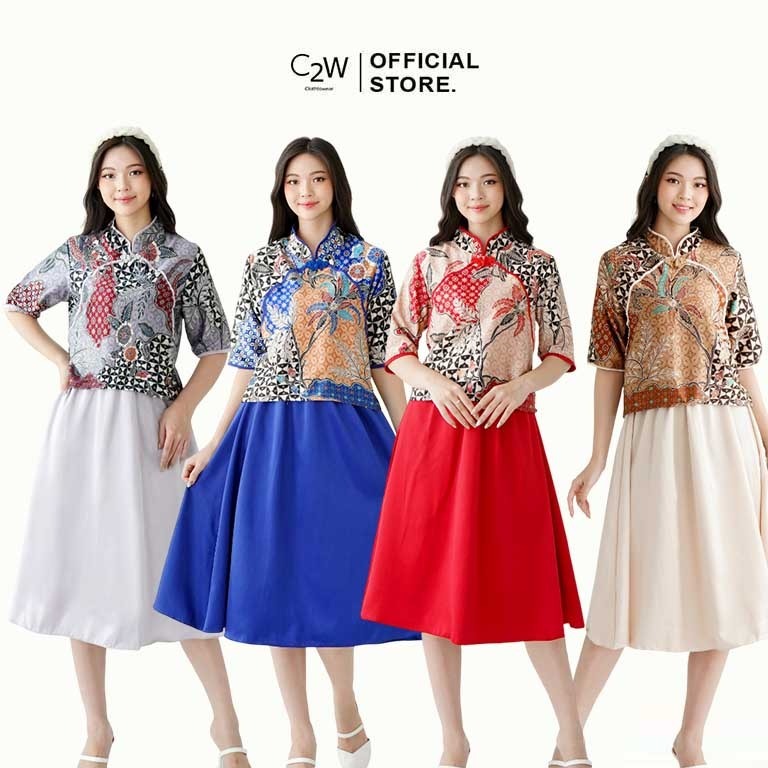 Jual C2W Clothtowear Dress Batik Cheongsam Batik Wanita All Size Set Satin Women's Clothes Set ...