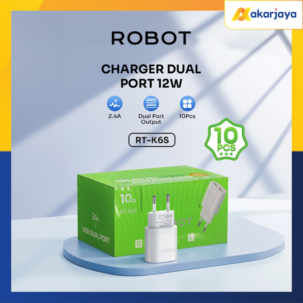 Jual (1Box 10Pcs) Robot RT-K6S 12W Dual USB Output Smart Phone Charger 5V 2.4A Max | Shopee ...