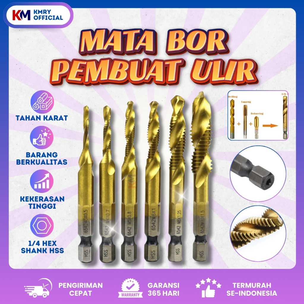 Jual KMRY Mata Bor Pembuat Ulir Drat 6Pcs Drill Tap set M3-M10 Hex ...