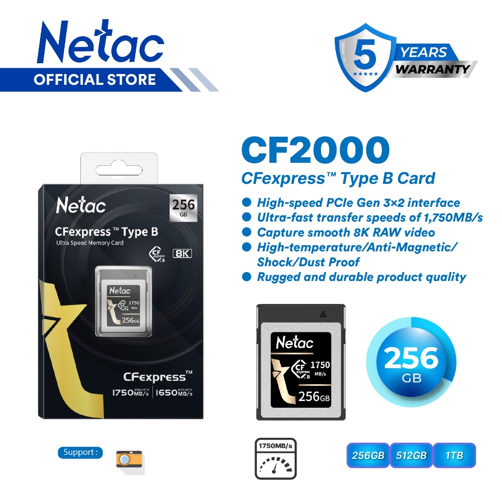 Jual Netac CF2000 CFexpress Type B Card 256GB PCIe Gen 3x2 R/W up to 1750MB/1650MB/s | Shopee ...
