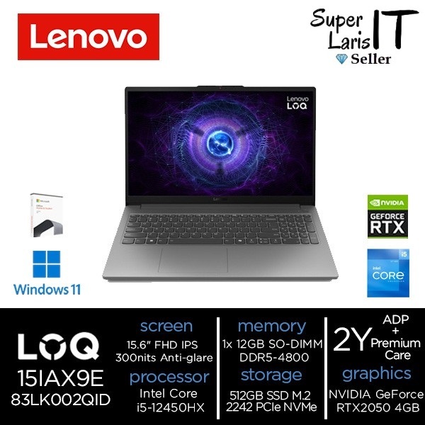 Jual Lenovo LOQ 15IAX9E 2QID intel core i5-12450HX ram 12GB ssd 512GB ...