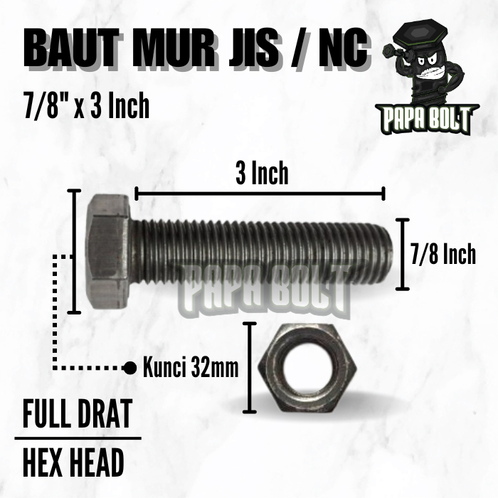 Jual Baut Mur Jis Hitam 7/8" x 3 Inch (Kunci 32) | Shopee Indonesia