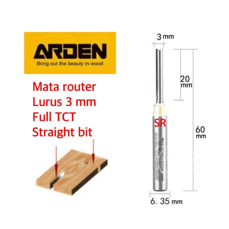 Jual Mata Router/ Profil 1/4 × 3mm × 20mm Full TCT Straight Bits ARDEN ...