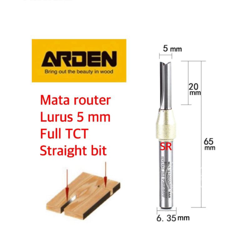 Jual Mata Router/ Profil 1/4 × 5mm × 20mm Full TCT Straight Bits ARDEN ...