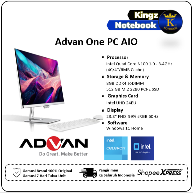 Jual Advan AIO One PC N100 8GB 512GB Win11 23,8" FHD 99% sRGB | Shopee ...