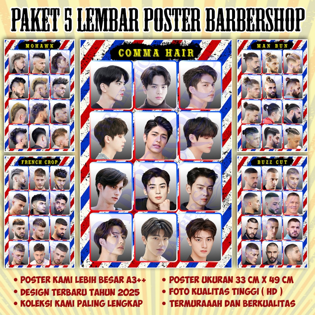 Jual Poster Model Rambut Terbaru Barbershop - Paket 5 Lembar Poster ...