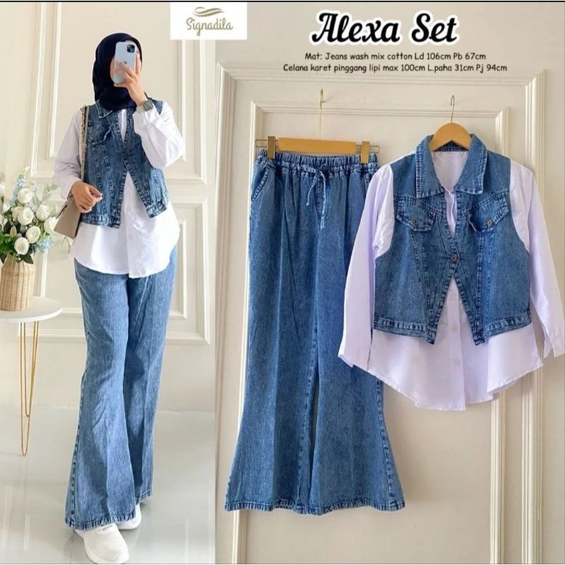 Jual Alexa Set/ one set/ Setelan kemeja jeans dan celana cutbray, kemeja jeans kombinasi bahan ...