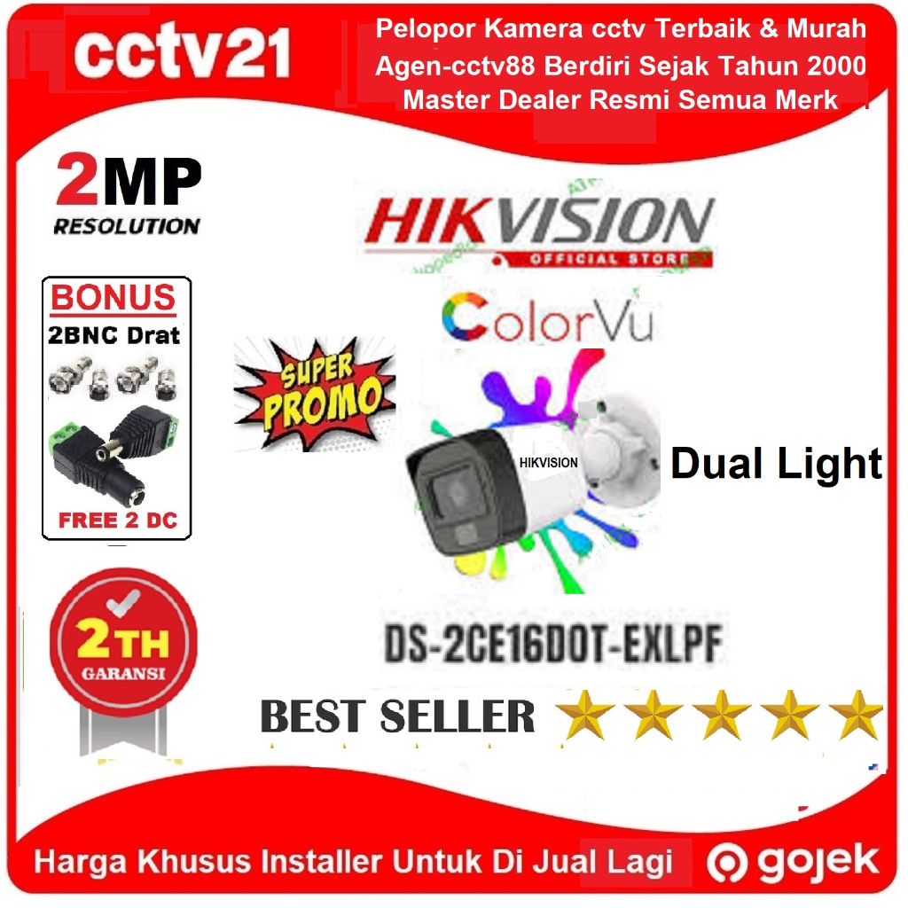 Jual Kamera CCTV ColorVu Outdoor 2MP HIKVISION DS-2CE16D0T-EXLPF Smart Hybrid Light Bonus 2 BNC+ ...