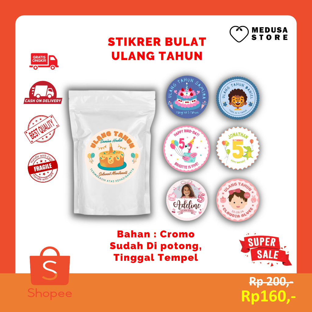 Jual Cutting Stiker Bulat Ulang Tahun Label Happy Birthday Parcel dan ...