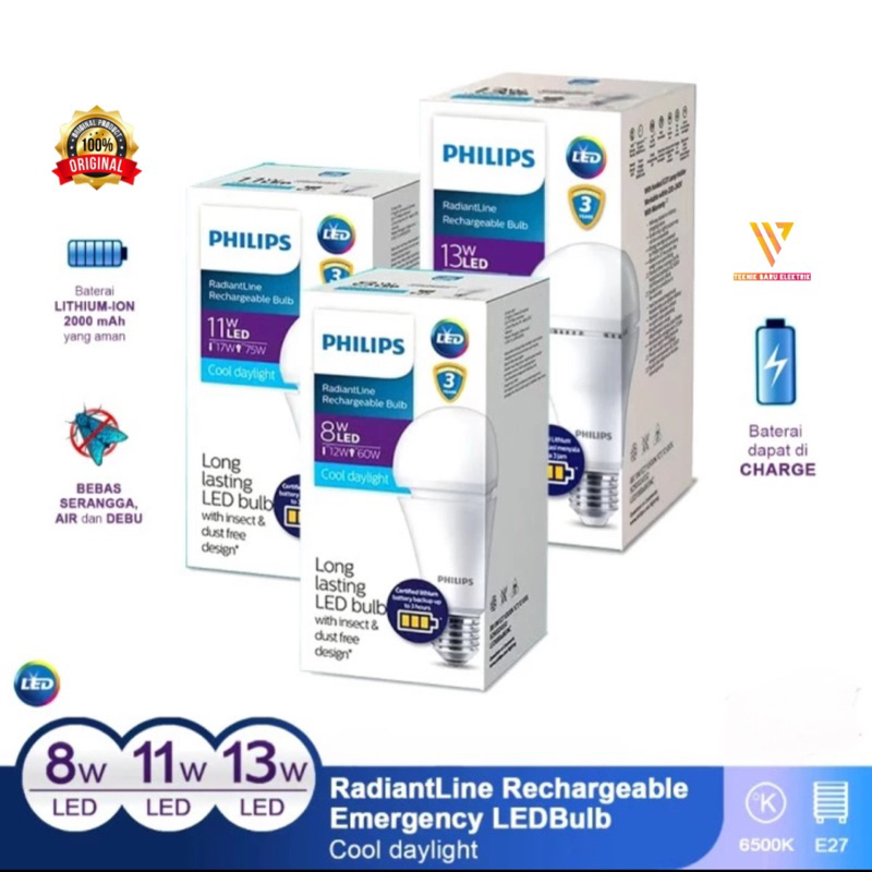 Jual Lampu Emergency Philips LED 8W 9W 11W 13W RadiantLine Rechargeable Bohlam anti mati listrik ...