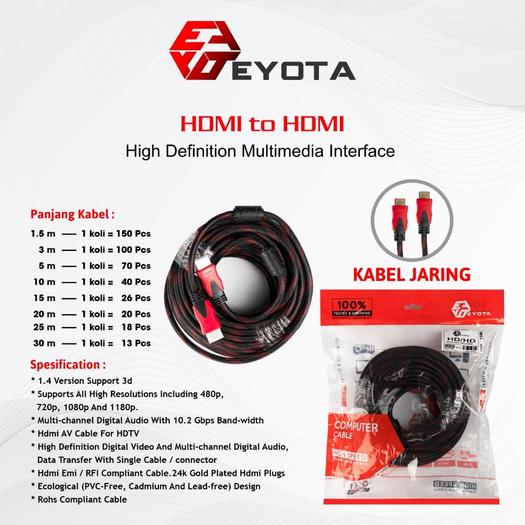 Jual KABEL HDMI 30M JARING V1.4/KABEL HDTV TO HDMI 30 METER EYOTA ...
