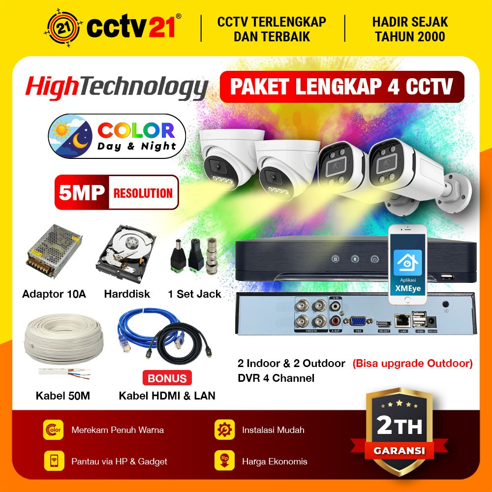 Jual Paket CCTV 4 Channel Camera 5MP ColorVu Full Color HIGH TECHNOLOGY Lengkap + Kabel 50M ...