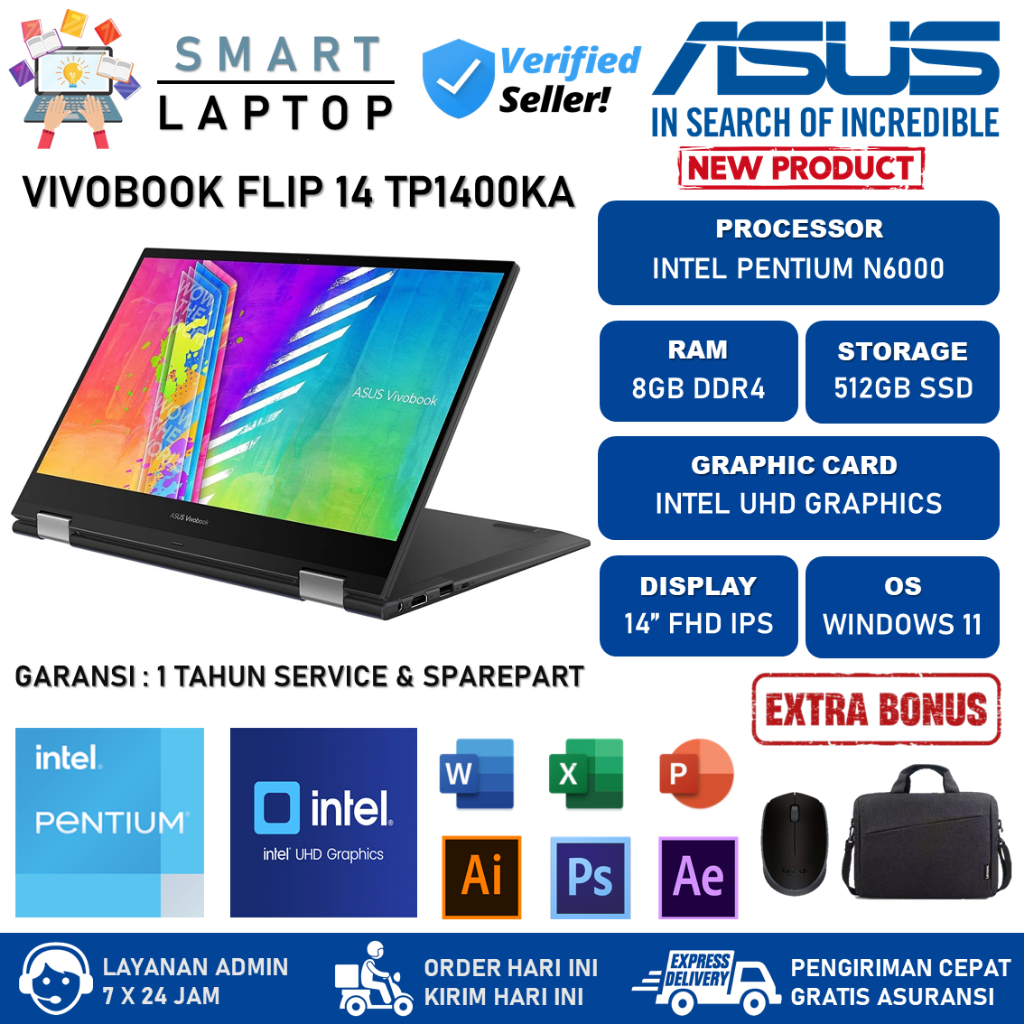 Jual Laptop Asus Vivobook Go Flip 14 TP1400KA Intel N6000 RAM 8GB 512GB ...
