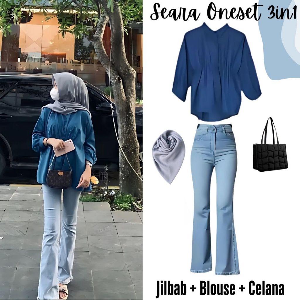 Jual Oneset 3in1 blouse serut kemeja biru celana kulot jeans denim | ootd outfit main hangout ...