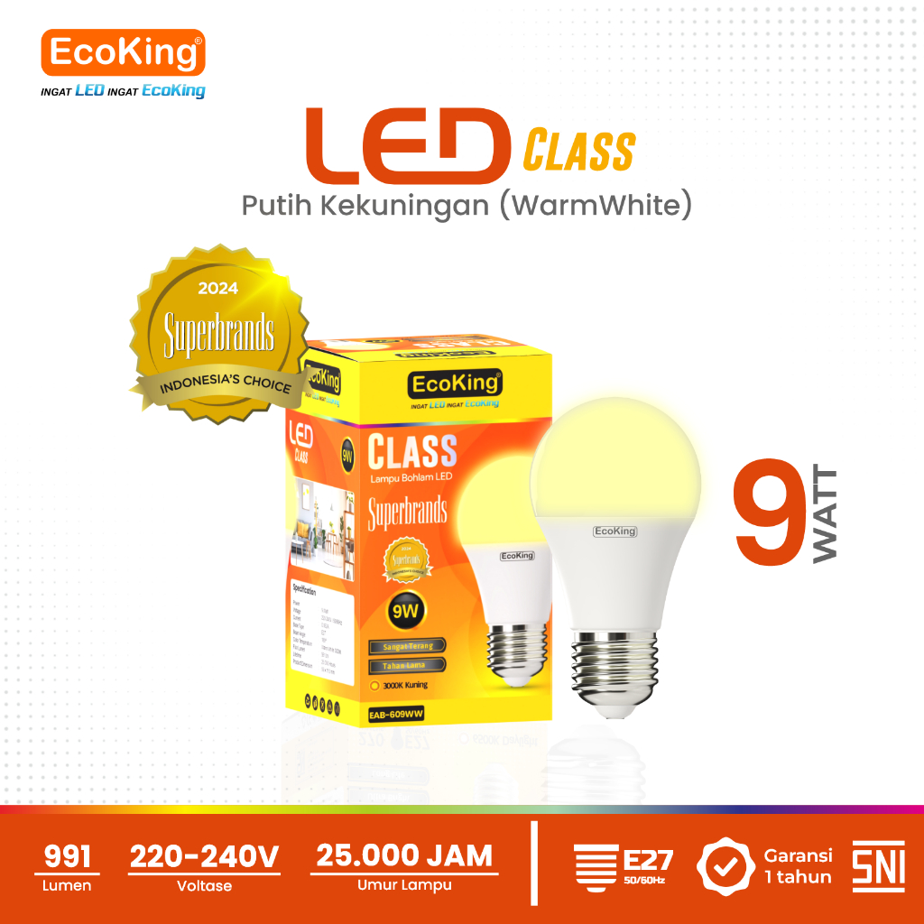 Jual EcoKing Lampu Bohlam Rumah Light Bulb LED Class 9W Cahaya Kuning (EAB609WW) | Shopee Indonesia